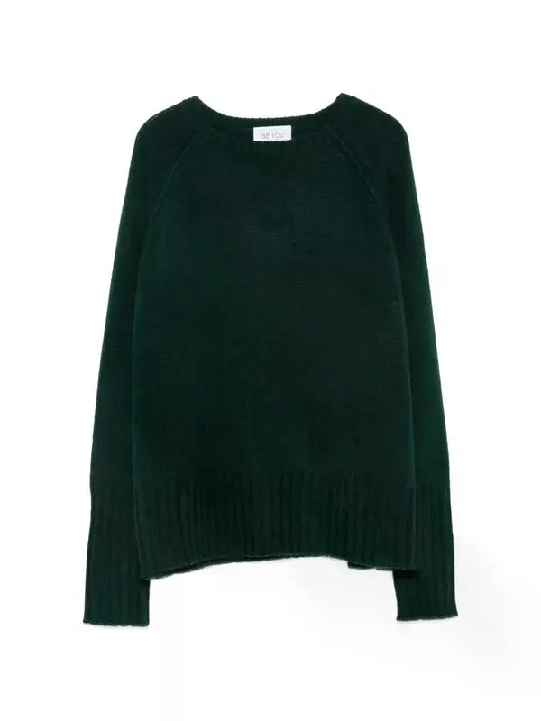 BEYOU Ribbed Trim Long Sleeve Sweater - Green
