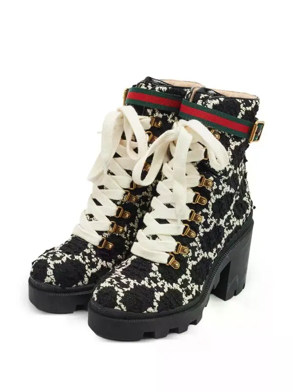 Gucci Gg Logo Tweed Combat Boots - Black