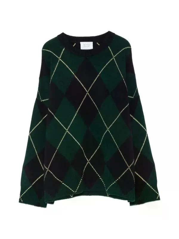 BEYOU Long Sleeve Argyle Sweater - Green