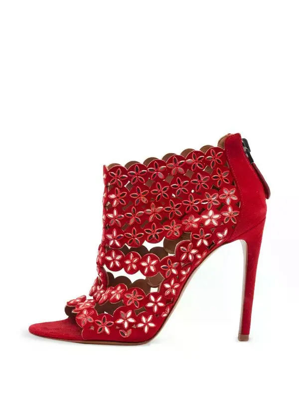 Alaïa Suede Laser-cut Floral Motif Stiletto Sandals - Red