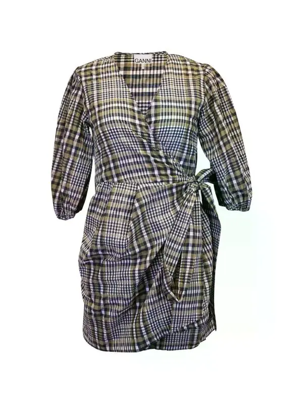 GANNI Plaid Wrap Dress - Brown