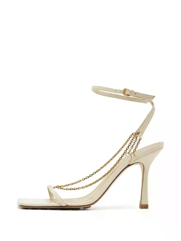 Bottega Veneta Cream Leather Square Toe Stiletto Sandals With Gold-tone Chain Detailing - Neutrals