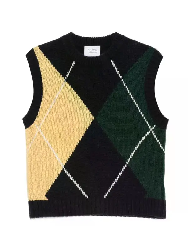 BEYOU Argyle Knit Sleeveless Vest - Blue