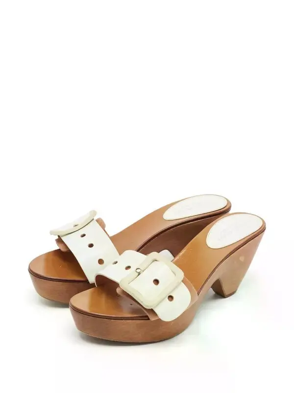 SERGIO ROSSI Cream Calf Leather Buckle Detail Platform Clogs