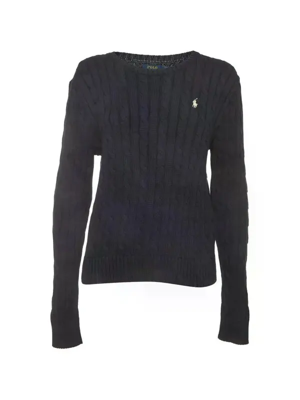 Polo Ralph Lauren Navy Cotton Cable Knit Logo Embroidered Crew Neck Sweater - Blue