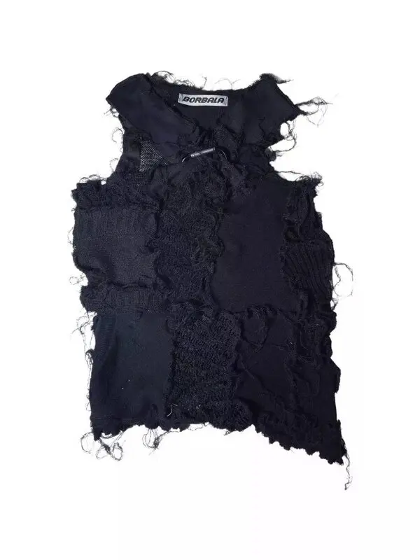 BORBALA Frayed Patchwork Top - Black