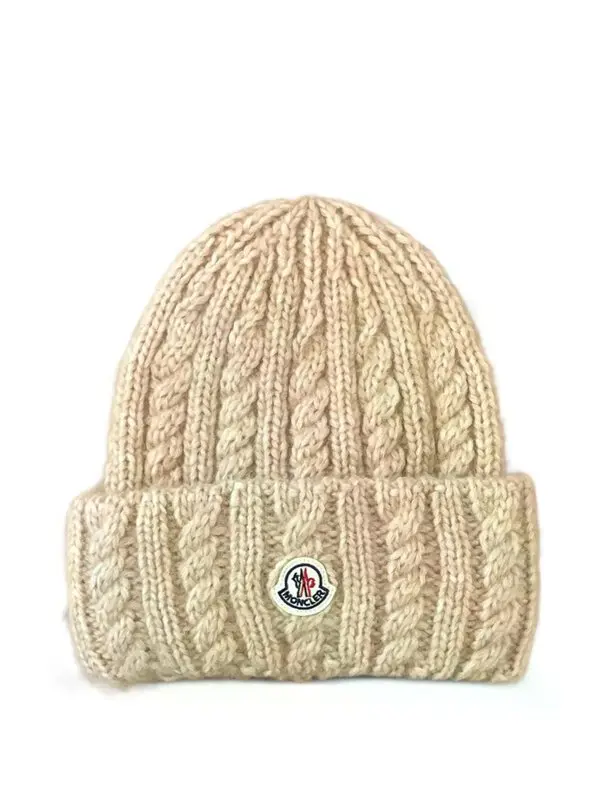 Moncler Cable Knit Wool Blend Beanie - Neutrals