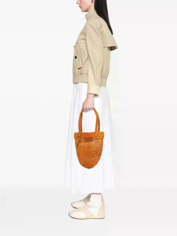 Chloé 2025 Small Raffia Embroidered Logo Summer Banana Tote Bag