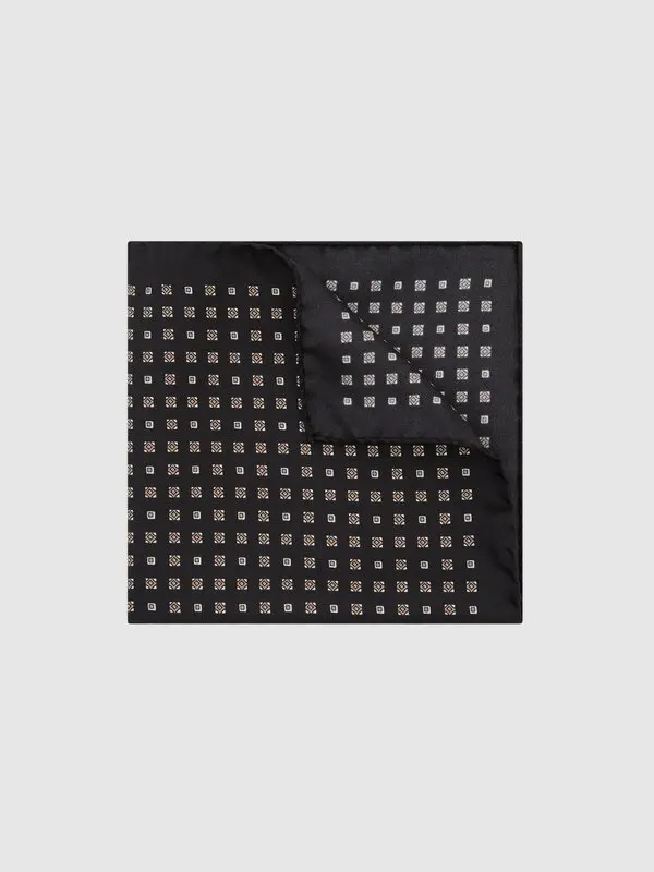 REISS Silk Micro Diamond-print Pocket Square - Black