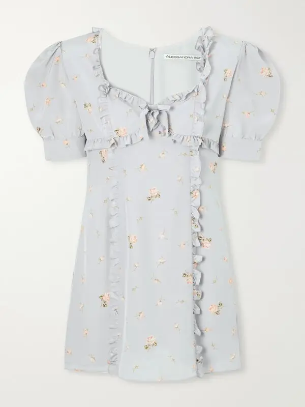 Alessandra Rich Floral-print Ruffle-trim Silk-crepe Mini Dress - Gray