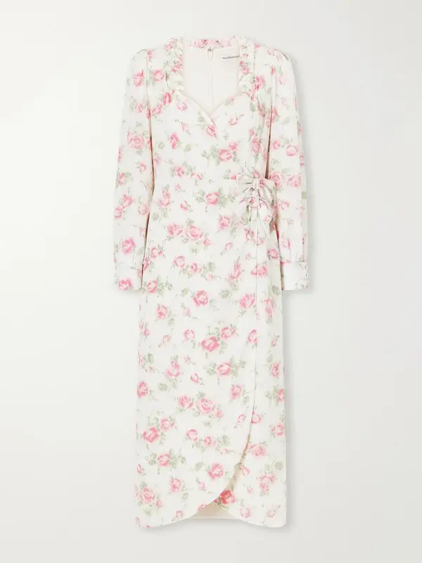 Alessandra Rich Floral-print Wrap Silk Midi Dress - Pink