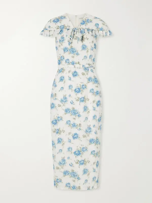 Alessandra Rich Belted Floral-print Ruffle-trim Silk-crepe Midi Dress - Blue