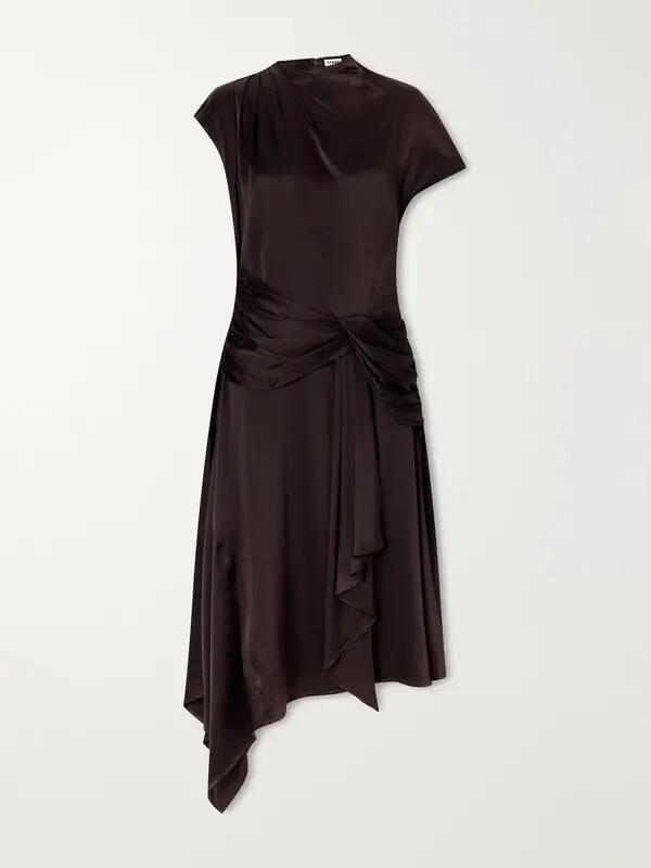 Staud Davina Gathered Silk-blend Satin Midi Dress - Brown