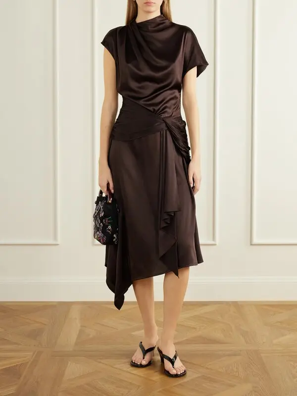 Staud Davina Gathered Silk-blend Satin Midi Dress