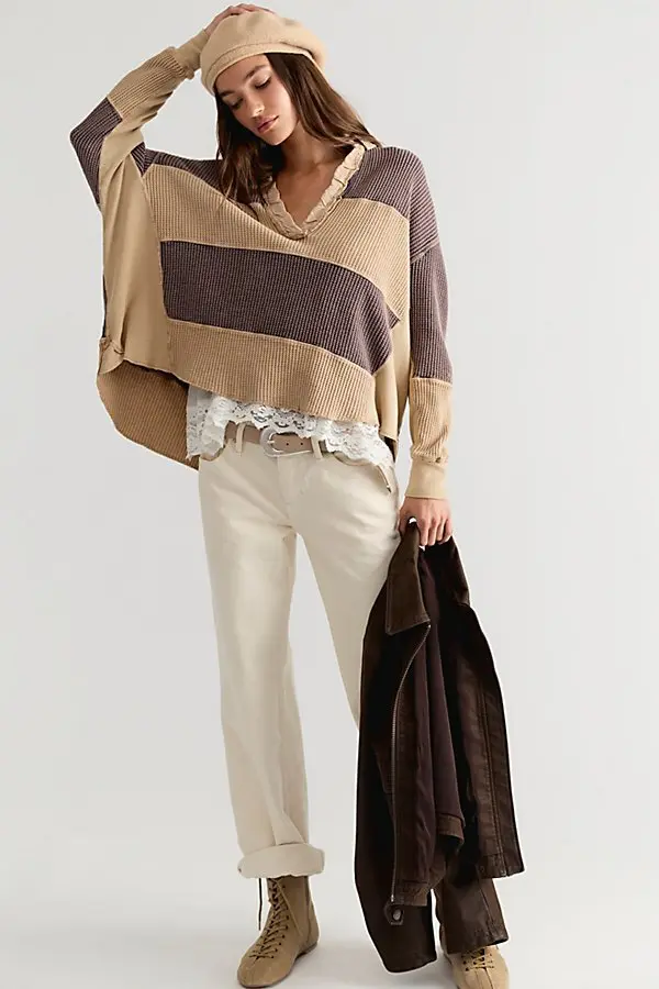 FP ONE Thermal V-neck Knit Top - Neutral Combo