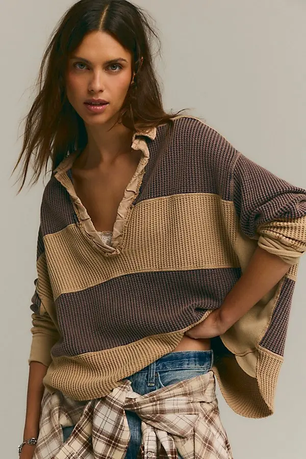 FP ONE Thermal V-neck Knit Top - Neutral Combo