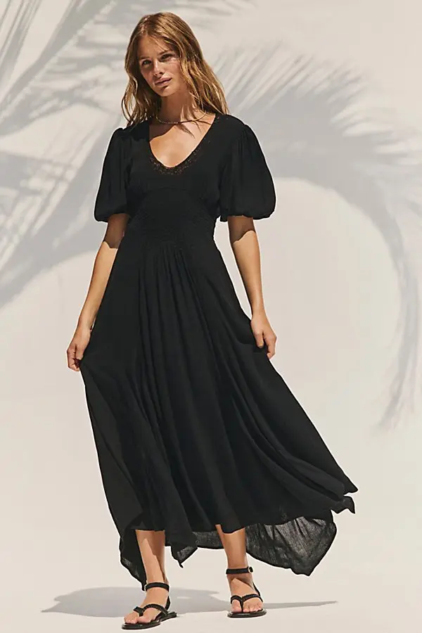Free People Maxi Dress With Lace Trim And Puff Sleeves - Black