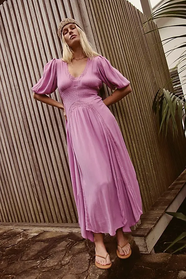 Free People Maxi Dress With Lace Trim And Puff Sleeves - Spring Fling