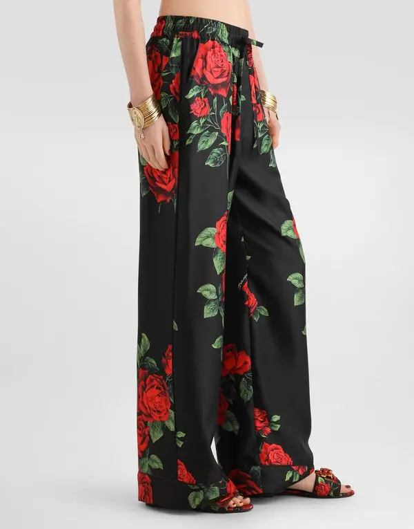 Dolce & Gabbana Rose-print Silk Trousers