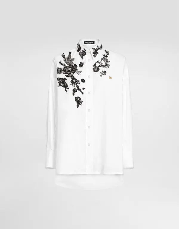 Dolce & Gabbana Oversize Cotton Poplin Shirt With Lace Appliqués Shirts And Tops - White