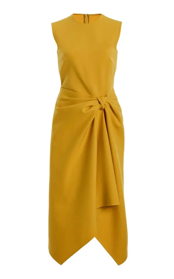 Oscar De La Renta Wool Blend Draped Waist Cocktail Midi Dress - Yellow