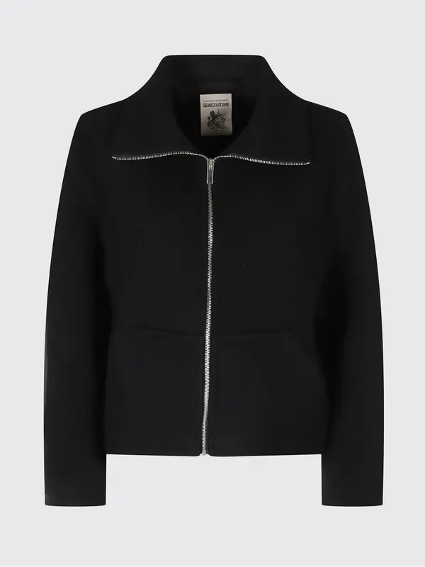 SEMICOUTURE Virgin Wool Short Coat With High Collar And Kangaroo Pocket - Black