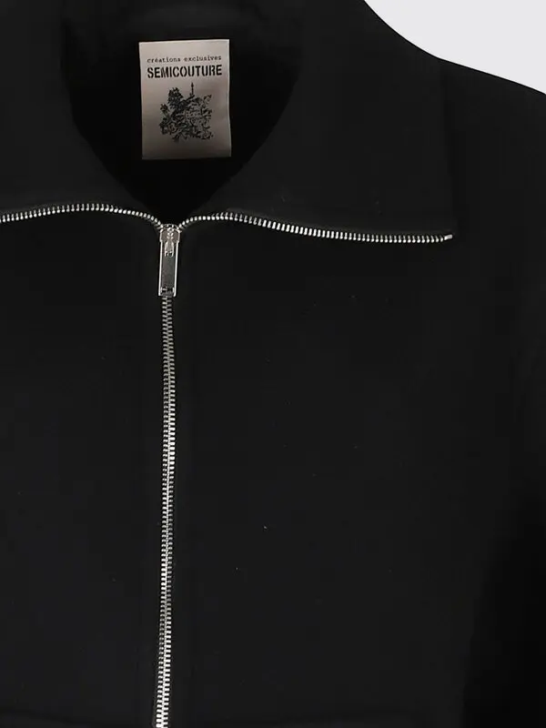 SEMICOUTURE Virgin Wool Short Coat With High Collar And Kangaroo Pocket - Black