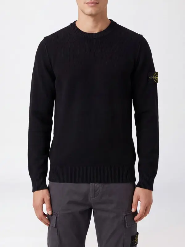 Stone Island Virgin Wool Crewneck Sweater With Compass Logo Patch - Black