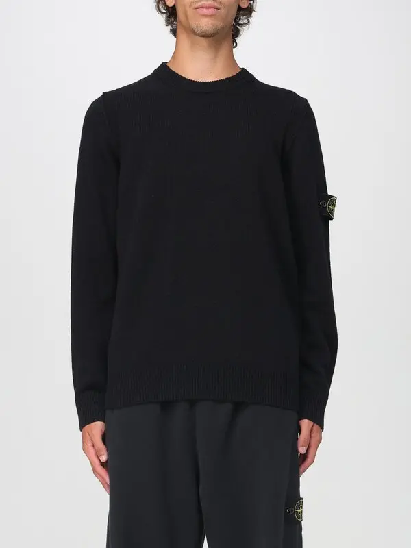 Stone Island Virgin Wool Crewneck Sweater With Compass Logo Patch - Black