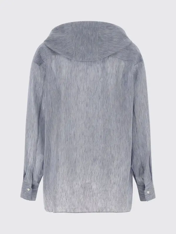 Brunello Cucinelli Striped Hooded Shirt In Linen And Silk - Blue