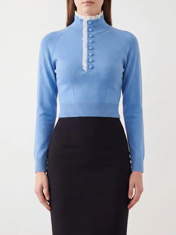 Chloé Cropped Slim Fit Wool Turtleneck With Ruffles And Embroidery