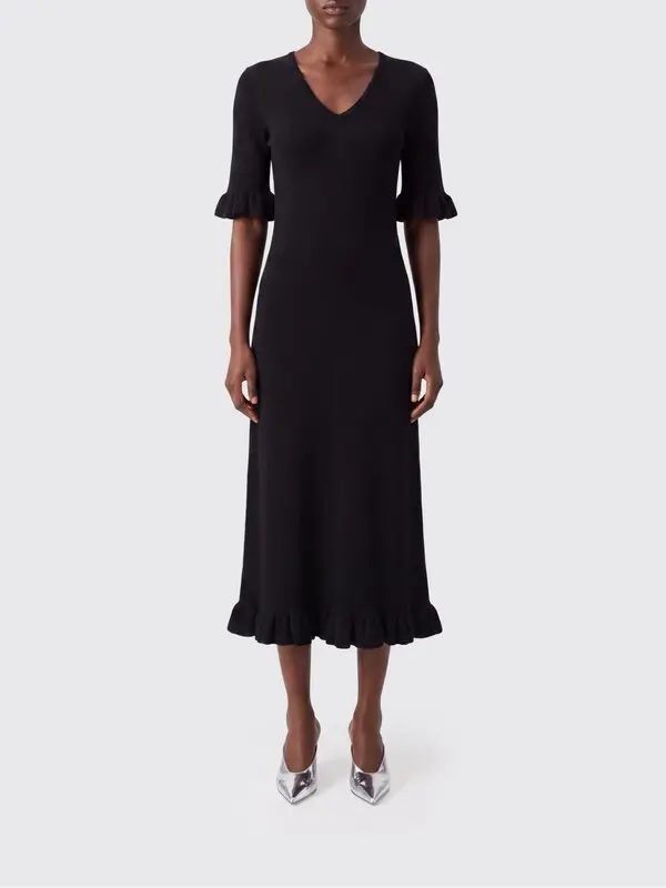 JIL SANDER Knit Midi Dress In Cotton Blend With V-neck And Ruffles