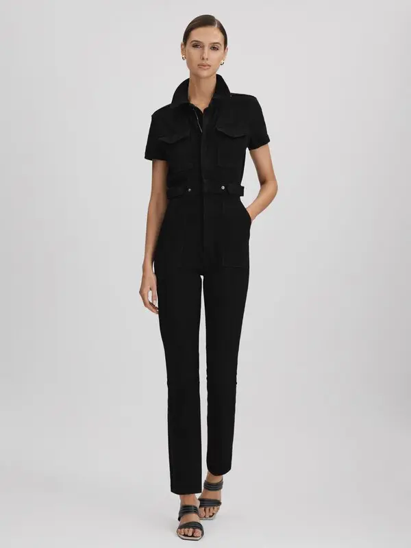 Good American Short Sleeve Utility Denim Jumpsuit