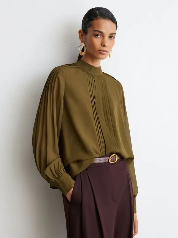 REISS Pintuck-detail Tie-back Blouse - Khaki Green