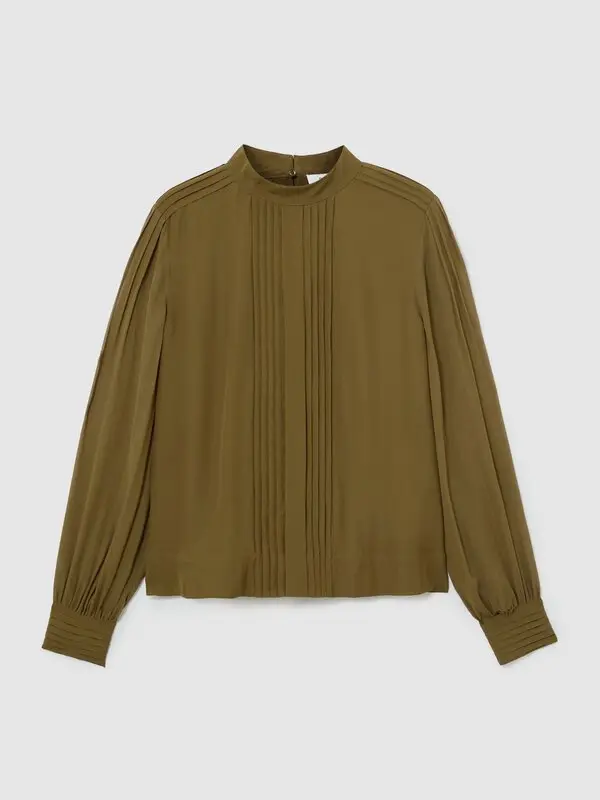 REISS Pintuck-detail Tie-back Blouse - Khaki Green