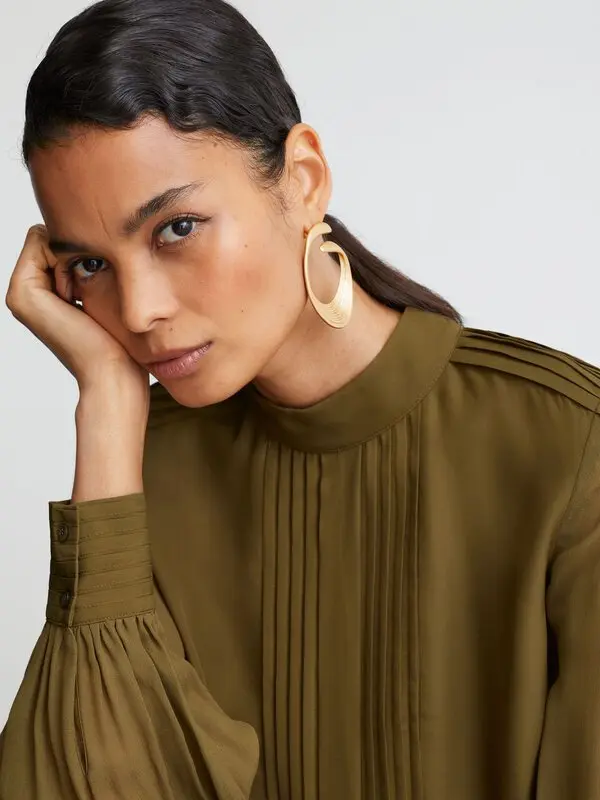REISS Pintuck-detail Tie-back Blouse - Khaki Green