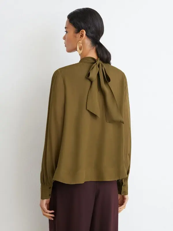 REISS Pintuck-detail Tie-back Blouse - Khaki Green