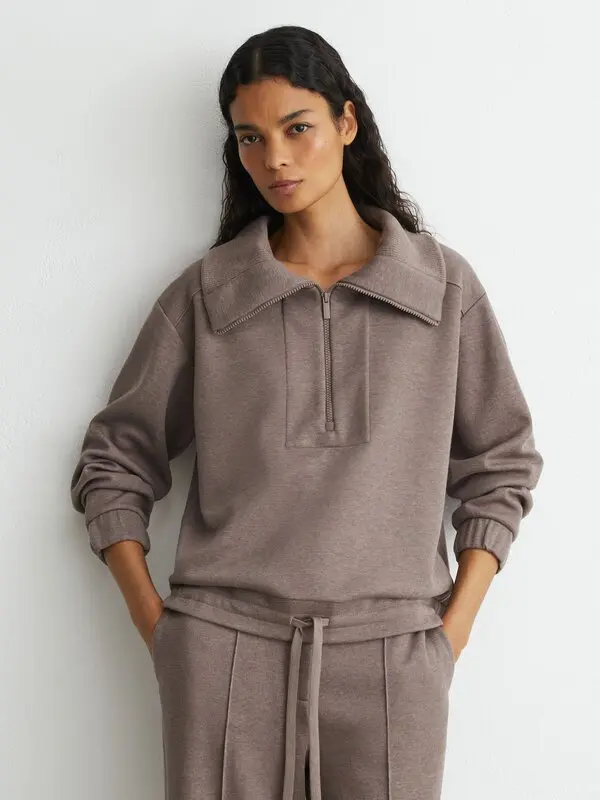REISS Lyocell-wool Half-zip Sweatshirt - Fawn Brown