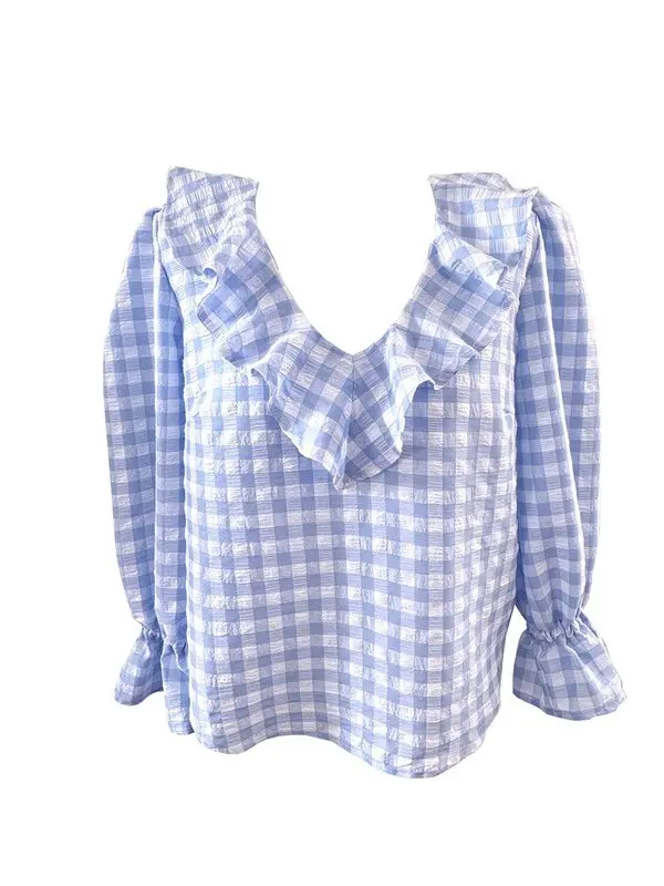 THE WELL WORN The Luna Pop-over Blouse Gingham - Blue