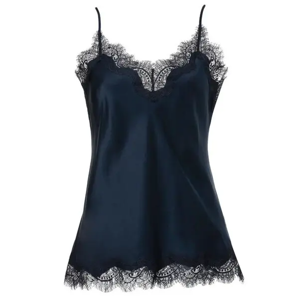 SAINTED SISTERS Scarlett Navy Camisole With Eyelash Lace Trim - Blue