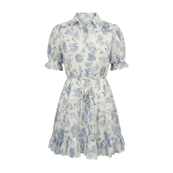 MODENAIRE Floral Print Shirt Dress With Ruffled Hem