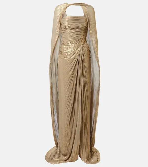 MARMAR HALIM Pleated Caped Bustier Gown - Gold