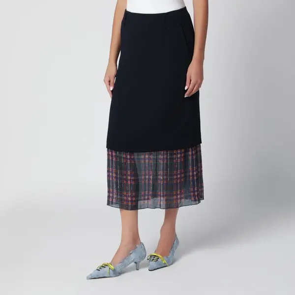Dries Van Noten Navy Midi Skirt With Check Insert