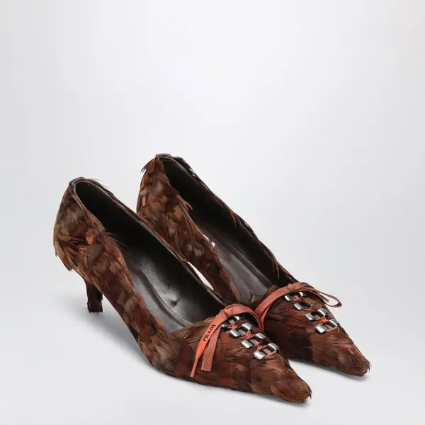 Prada Coffee Satin Pumps Decorated With Feathers