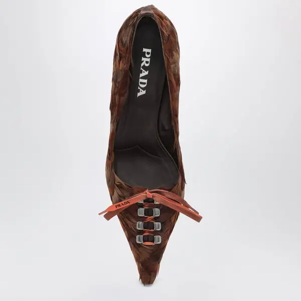 Prada Coffee Satin Pumps Decorated With Feathers