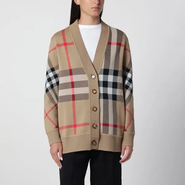 Burberry Check Cardigan In Wool Blend - Beige
