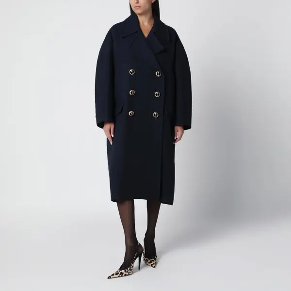 Balenciaga Long Navy Textured Wool Pea Coat - Blue