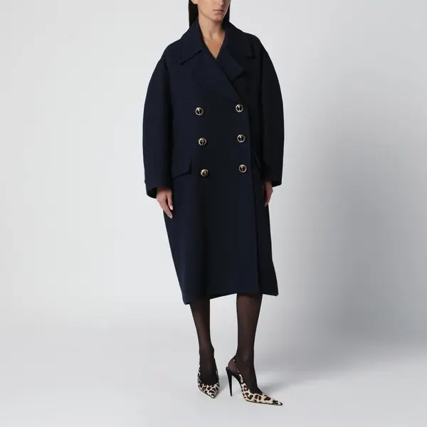 Balenciaga Long Navy Textured Wool Pea Coat
