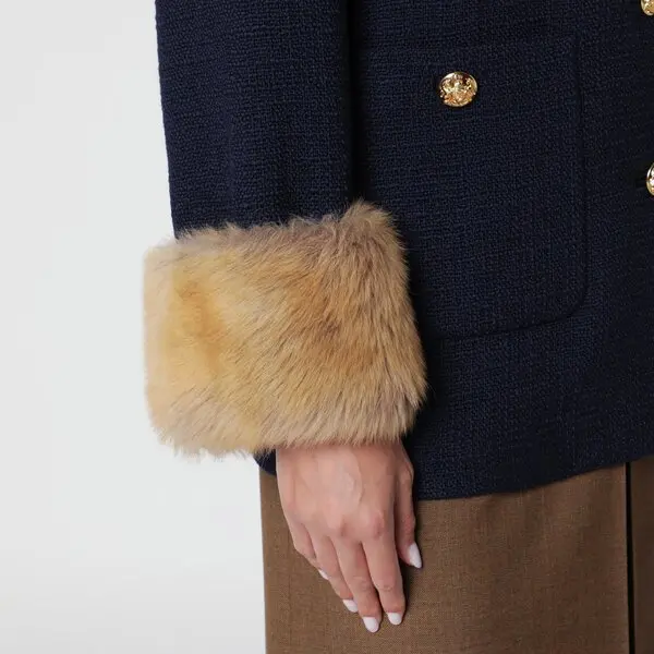 Valentino Garavani Wool Tweed Peacoat With Shearling Cuffs - Blue