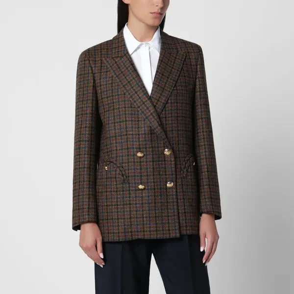 BLAZÉ MILANO Double-breasted Dark Green Jacket With Check Pattern In Wool - Multicolor
